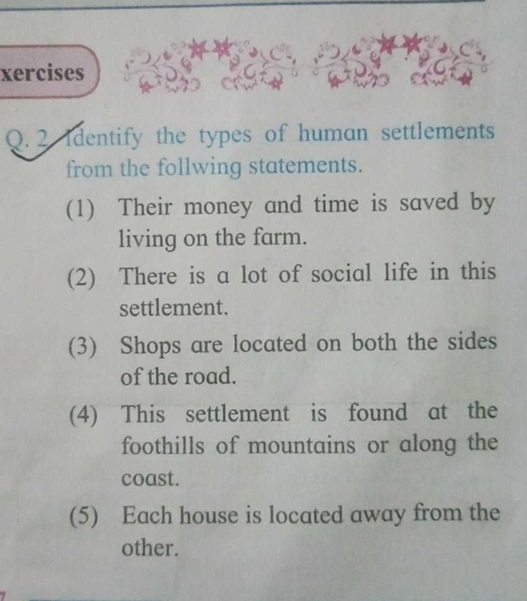 Q. 2 Identify the types of human settlements from the following statement..