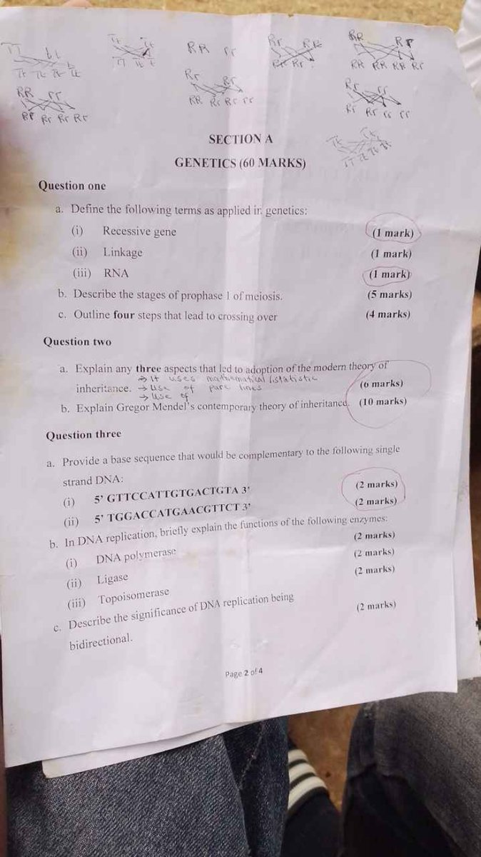 SECTION A GENETICS (60 MARKS) Question one a. Define the following terms..