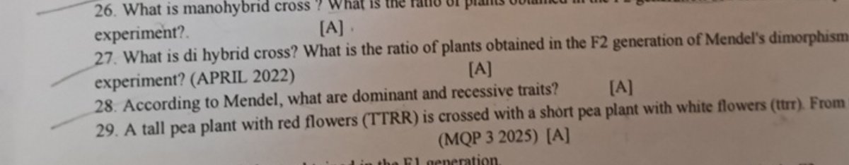 What is monohybrid cross? What is the ratio of plants obtained in the F2