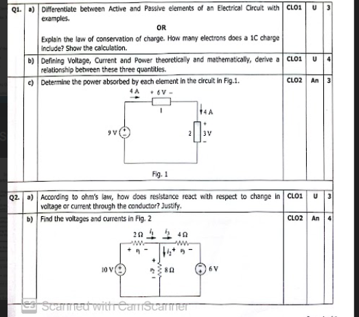 Q1. a) Differentiate between Active and Passive elements of an Electrical..