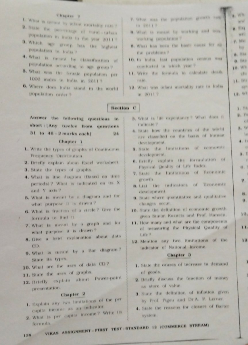Answer the following questions in short (Any twelve from questions 31 to