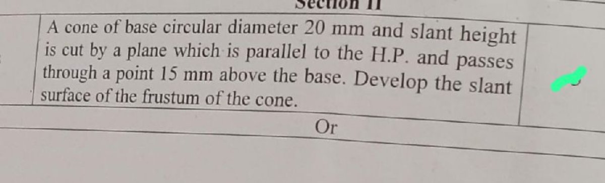 A cone of base circular diameter 20 mm and slant height is cut by a plane..