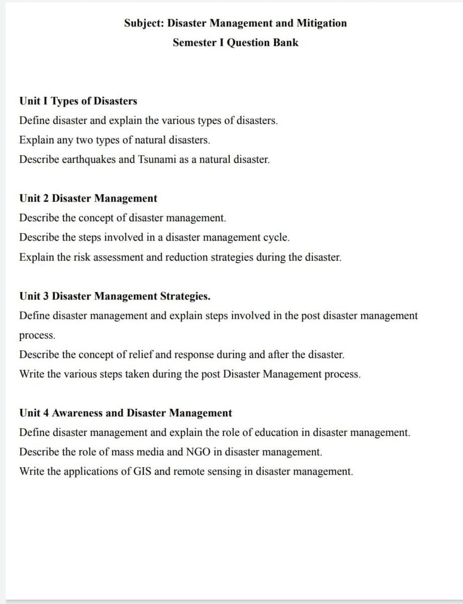 Subject: Disaster Management and Mitigation Semester I Question Bank Uni..