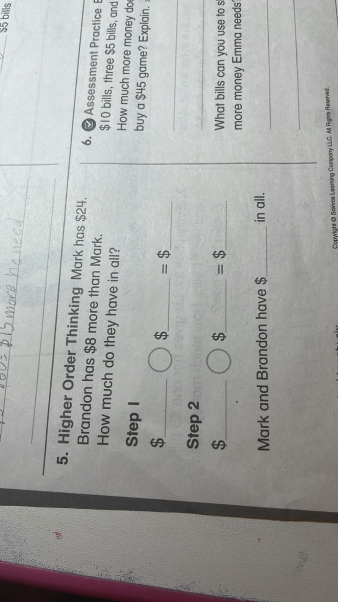 Higher Order Thinking Mark has 24. Brandon has 8 more than Mark. How much..