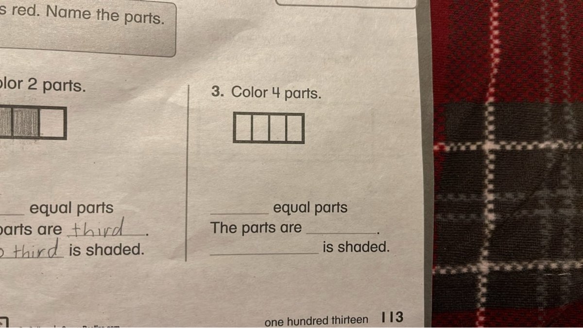 Color 4 parts. [Diagram of a rectangle divided into 4 equal parts] __ e..