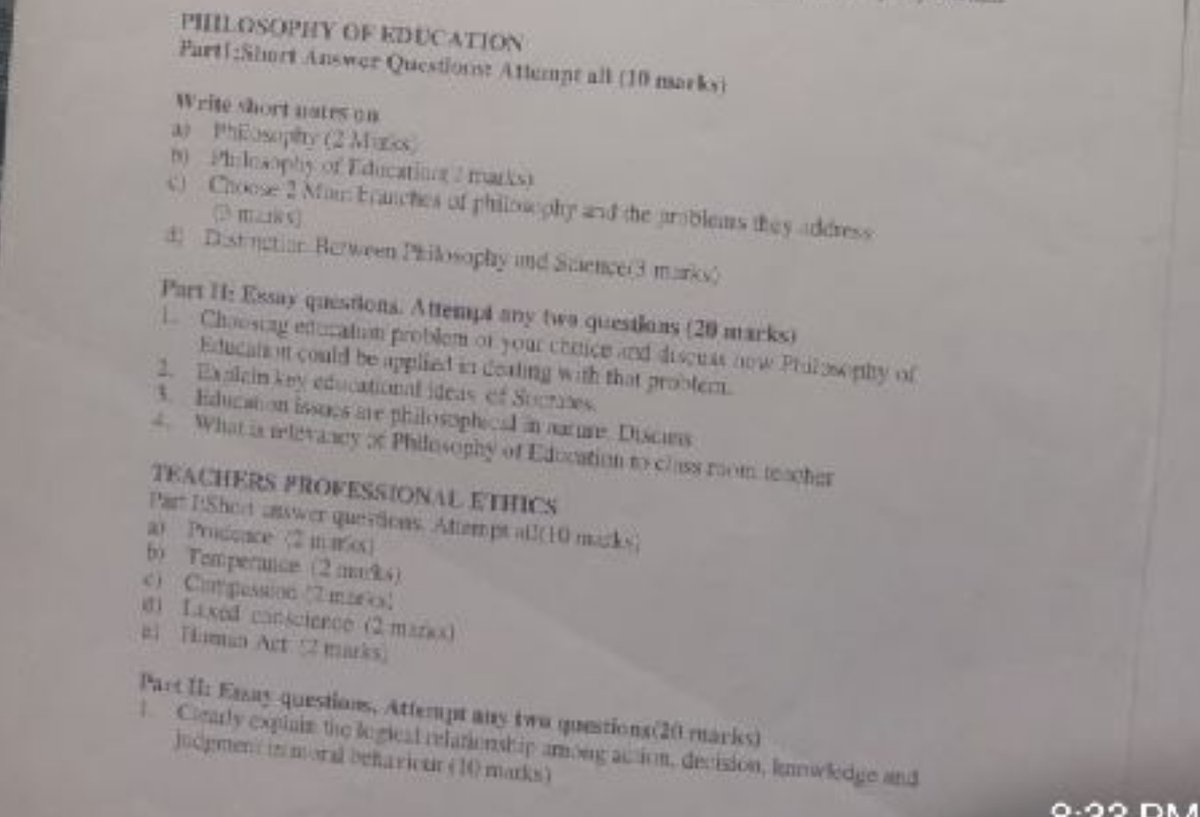 PHILOSOPHY OF EDUCATION Part I: Short Answer Questions (Attempt all) (10