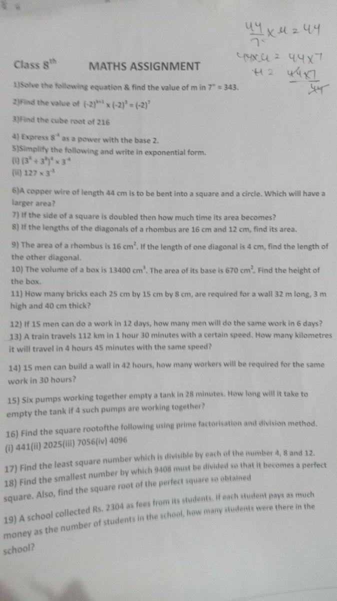 Class 8th MATHS ASSIGNMENT 1) Solve the following equation & find the va..
