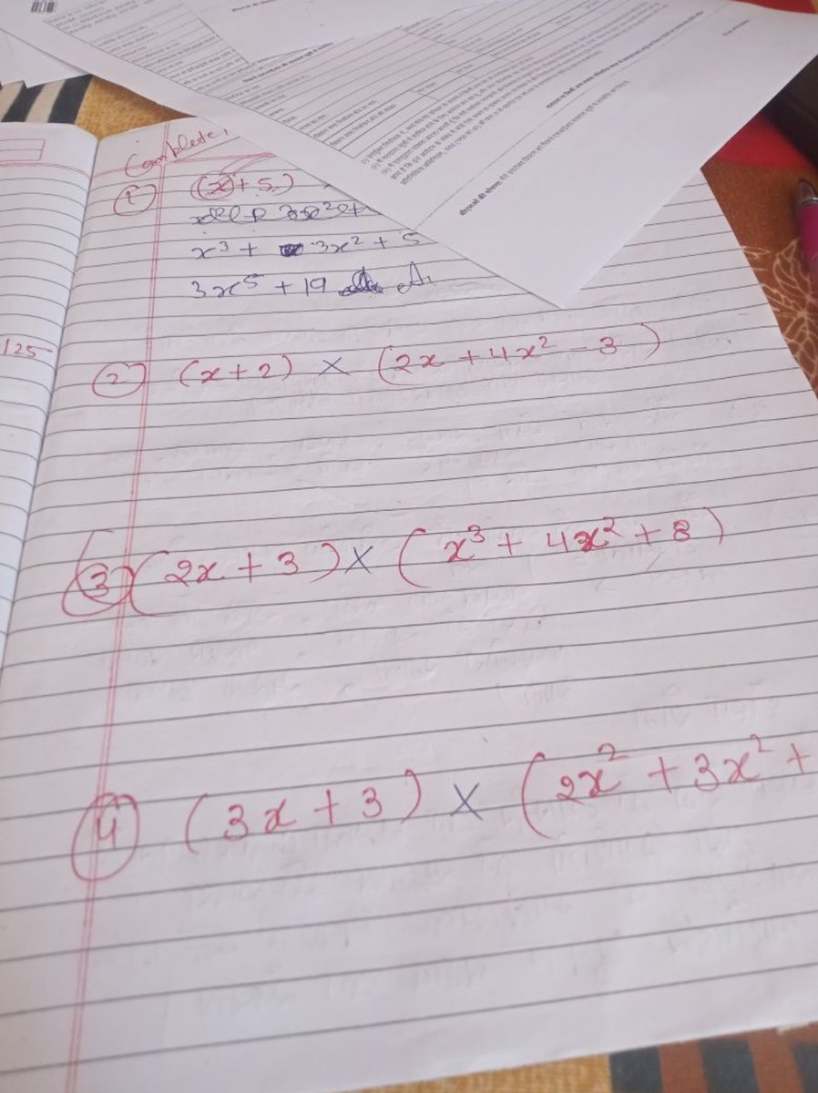 Complete the following multiplications: (x+5) \times (2x^3 + 3x^2 + 5)