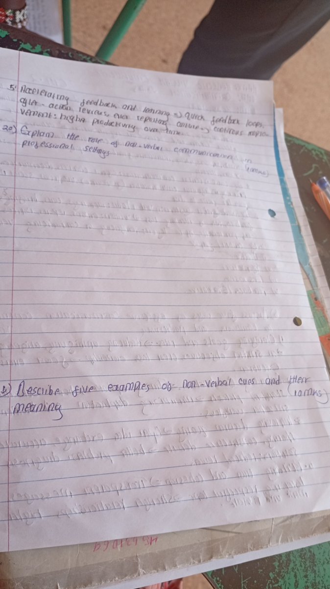 Describe five examples of non-verbal cues and their meaning. (10 mks) Exp..