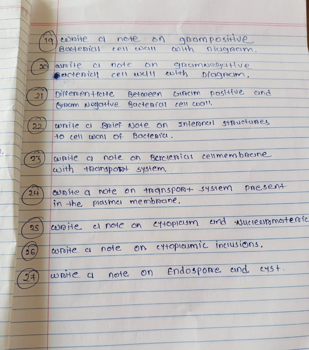 19) Write a note on gram-positive bacterial cell wall with diagram. 20) W..
