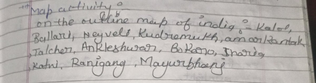 Map activity on the outline map of India: Kalol, Ballari, Neyveli, Kudrem..