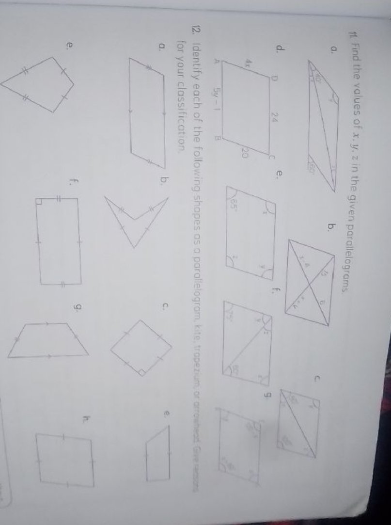 Find the values of x, y, z in the given parallelograms. (a) Diagram of a..