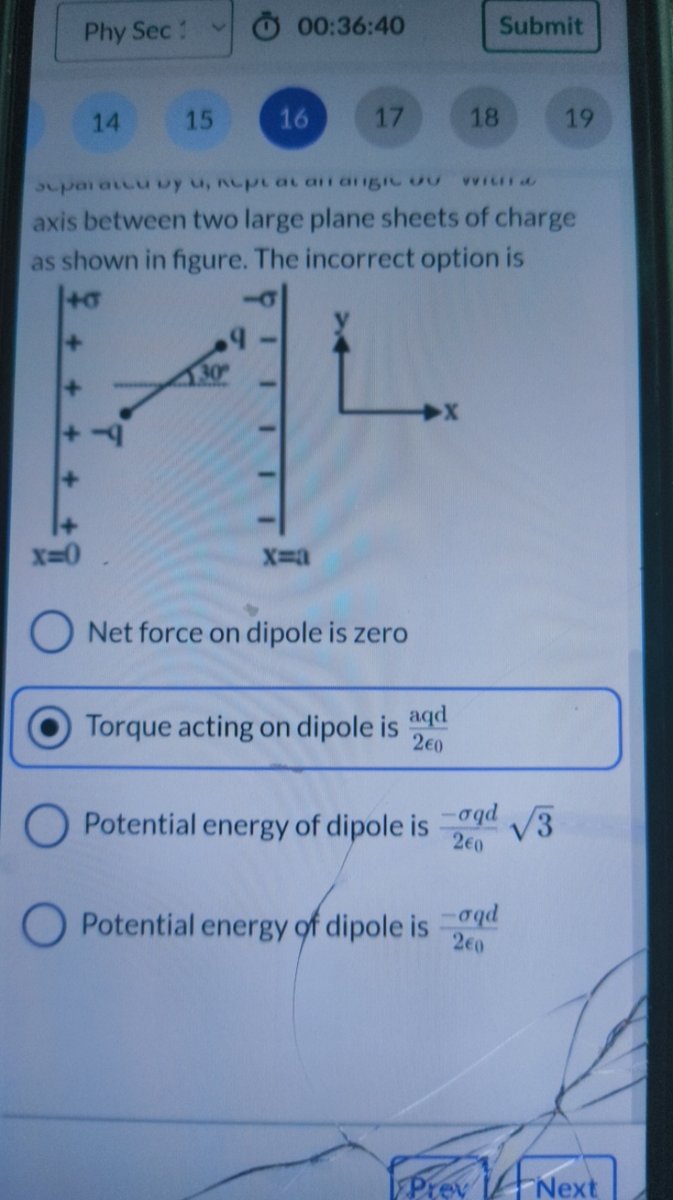 A dipole is placed between two large plane sheets of charge as shown in t..
