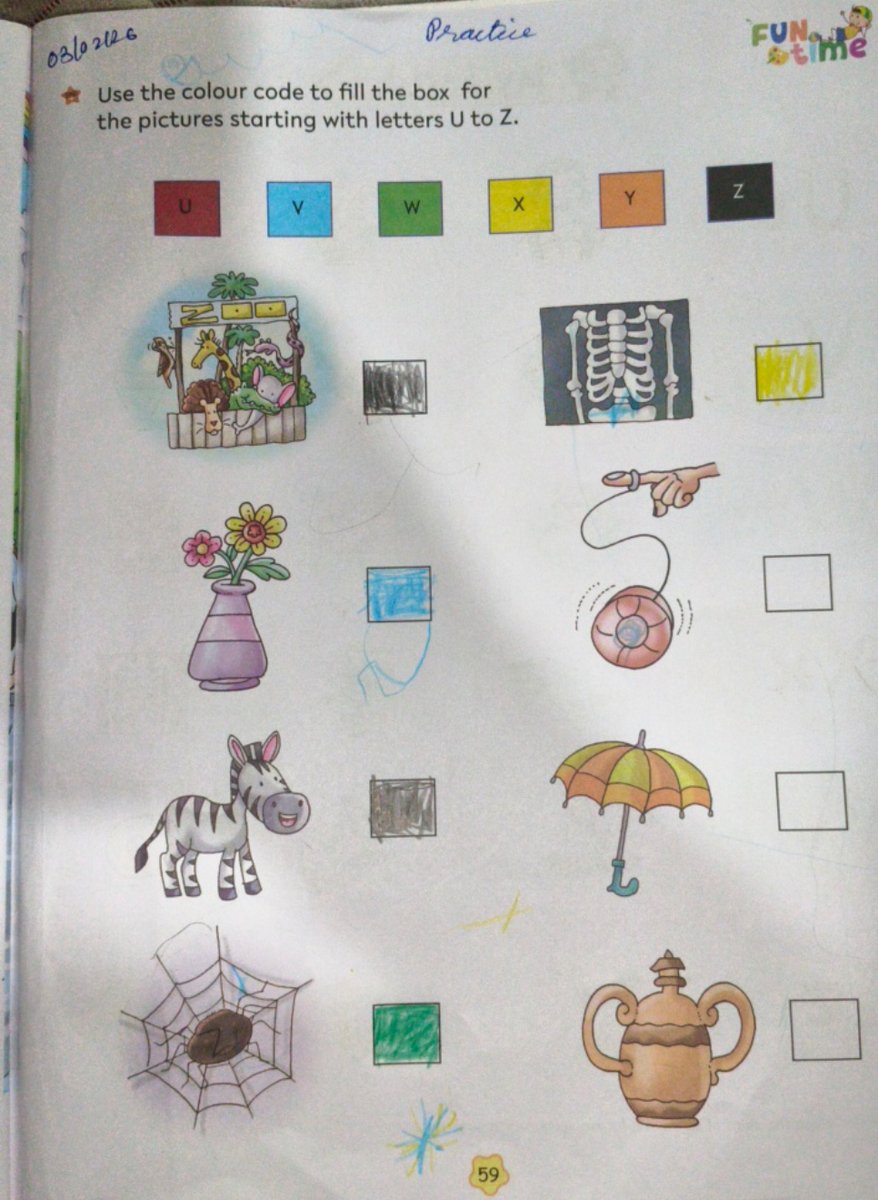 Use the colour code to fill the box for the pictures starting with letter..