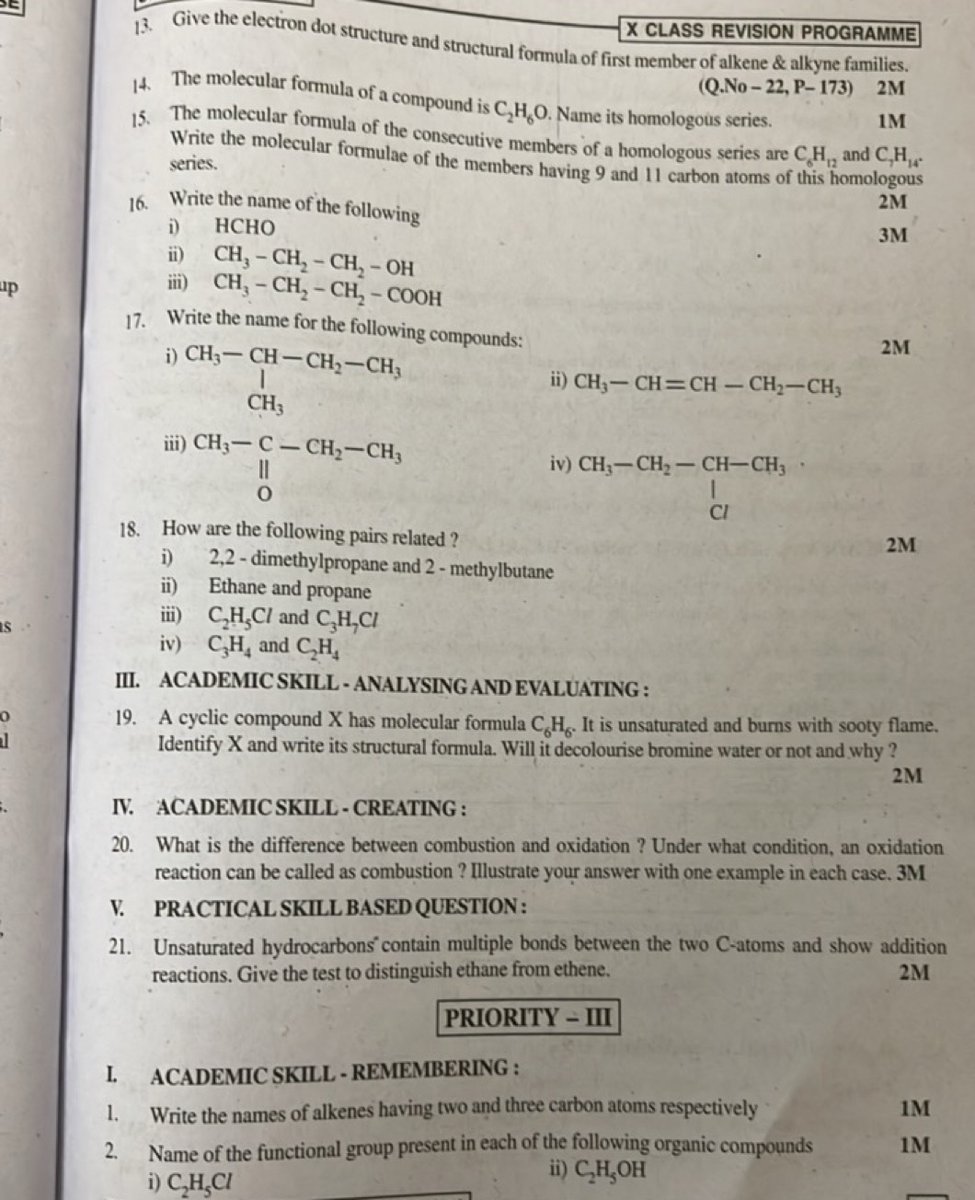 Here are some questions from a Class 10 Chemistry revision program: X CL..