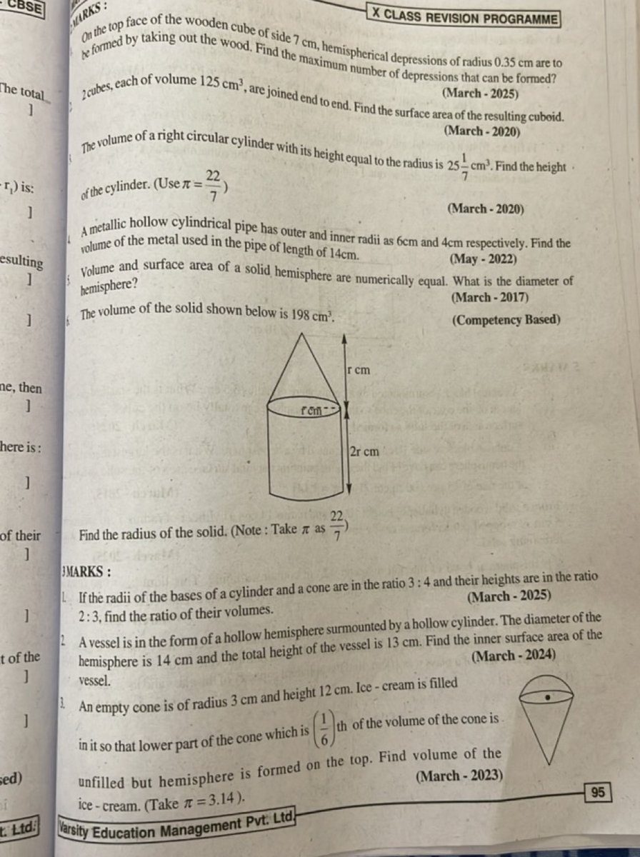 The volume of the solid shown below is 198 cm³. [Diagram of a solid comp..