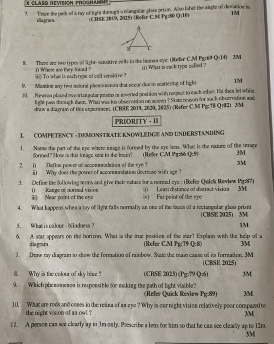 Trace the path of a ray of light through a triangular glass prism. Also l..