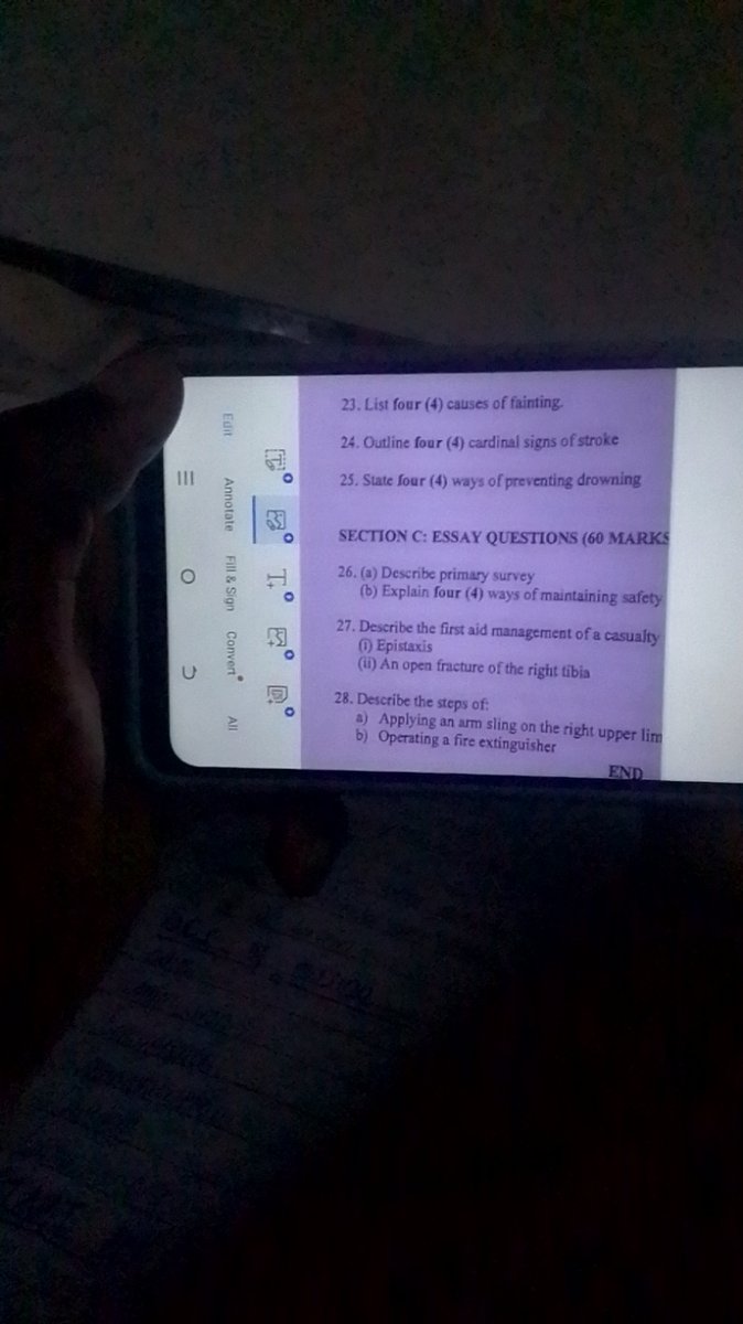 SECTION C: ESSAY QUESTIONS (60 MARKS) List four (4) causes of fainting.