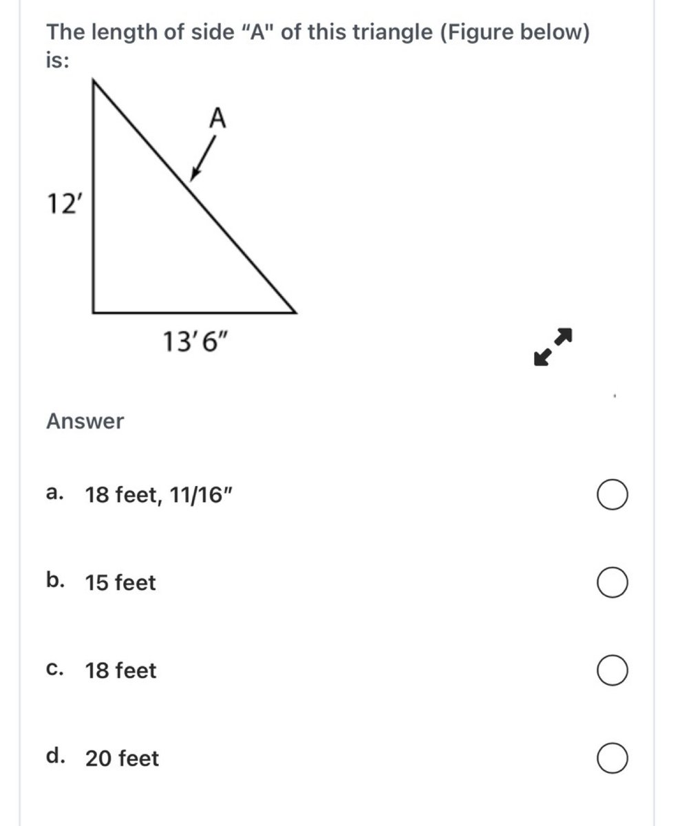 The length of side "A" of this triangle (Figure below) is: [Diagram of a..