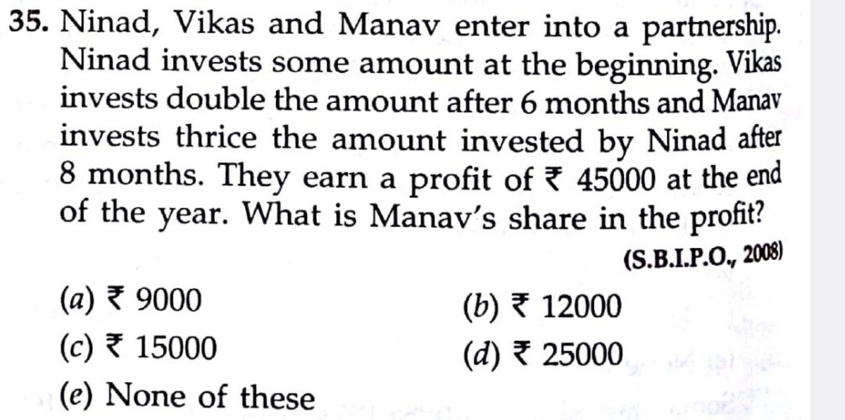 Ninad, Vikas and Manav enter into a partnership. Ninad invests some amoun..