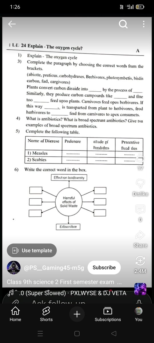 Here are the questions: Explain the oxygen cycle. Complete the paragraph..