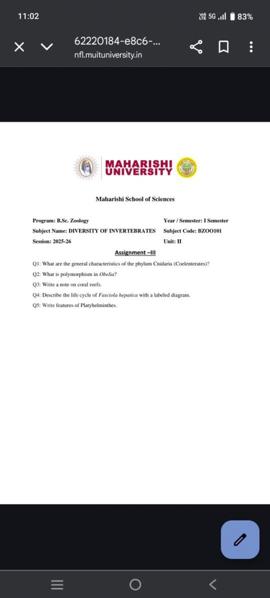 Maharishi School of Sciences Program: B.Sc. Zoology Year/Semester: I Sem..