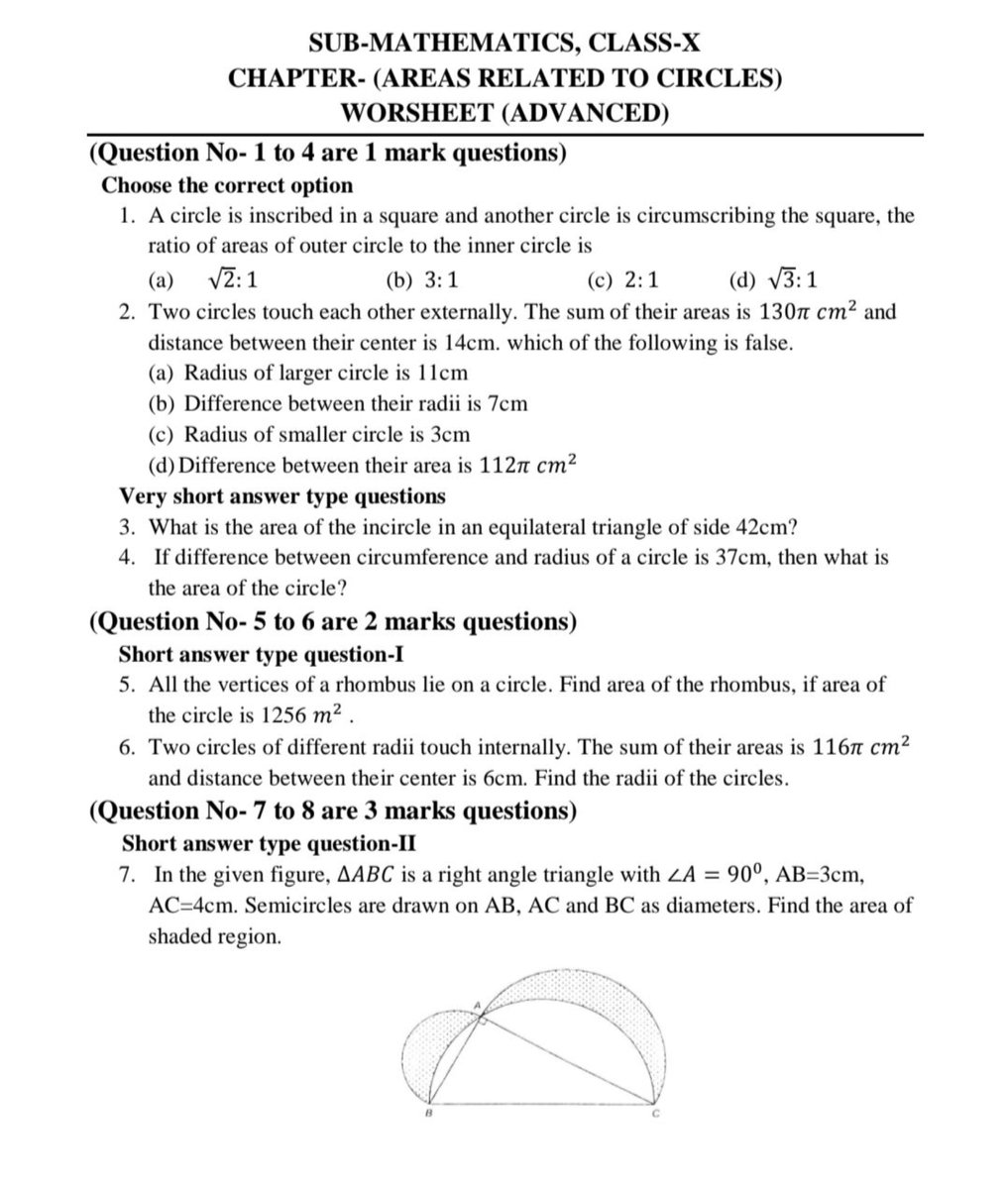 SUB-MATHEMATICS, CLASS-X CHAPTER- (AREAS RELATED TO CIRCLES) WORSHEET (AD..
