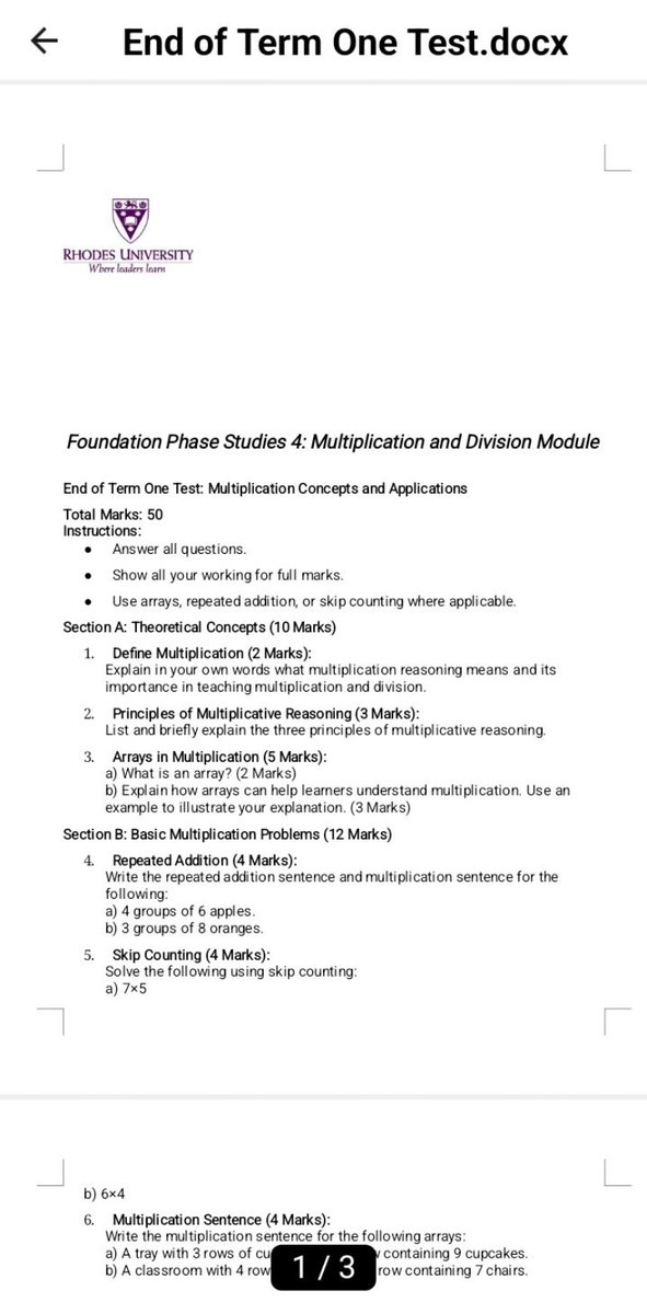 Foundation Phase Studies 4: Multiplication and Division Module End of Te..