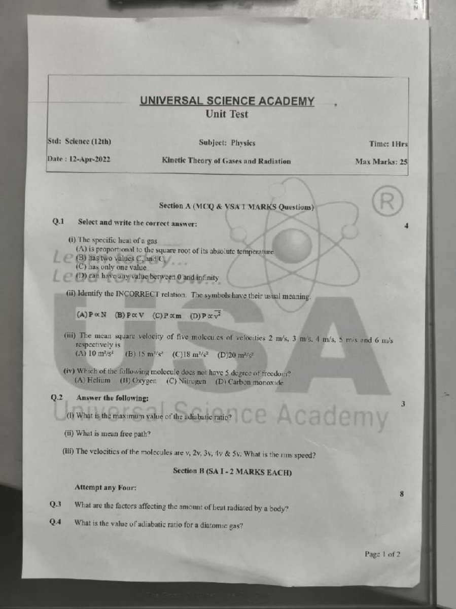 UNIVERSAL SCIENCE ACADEMY Unit Test Std: Science (12th) Subject: Physics..