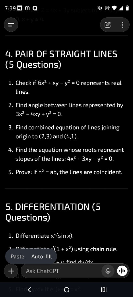 Here are 10 questions from Mathematics: 4. PAIR OF STRAIGHT LINES (5 Que..