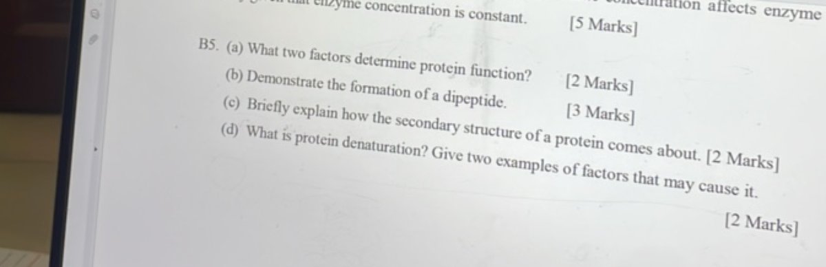 B5. (a) What two factors determine protein function? 2 Marks Demonstrate