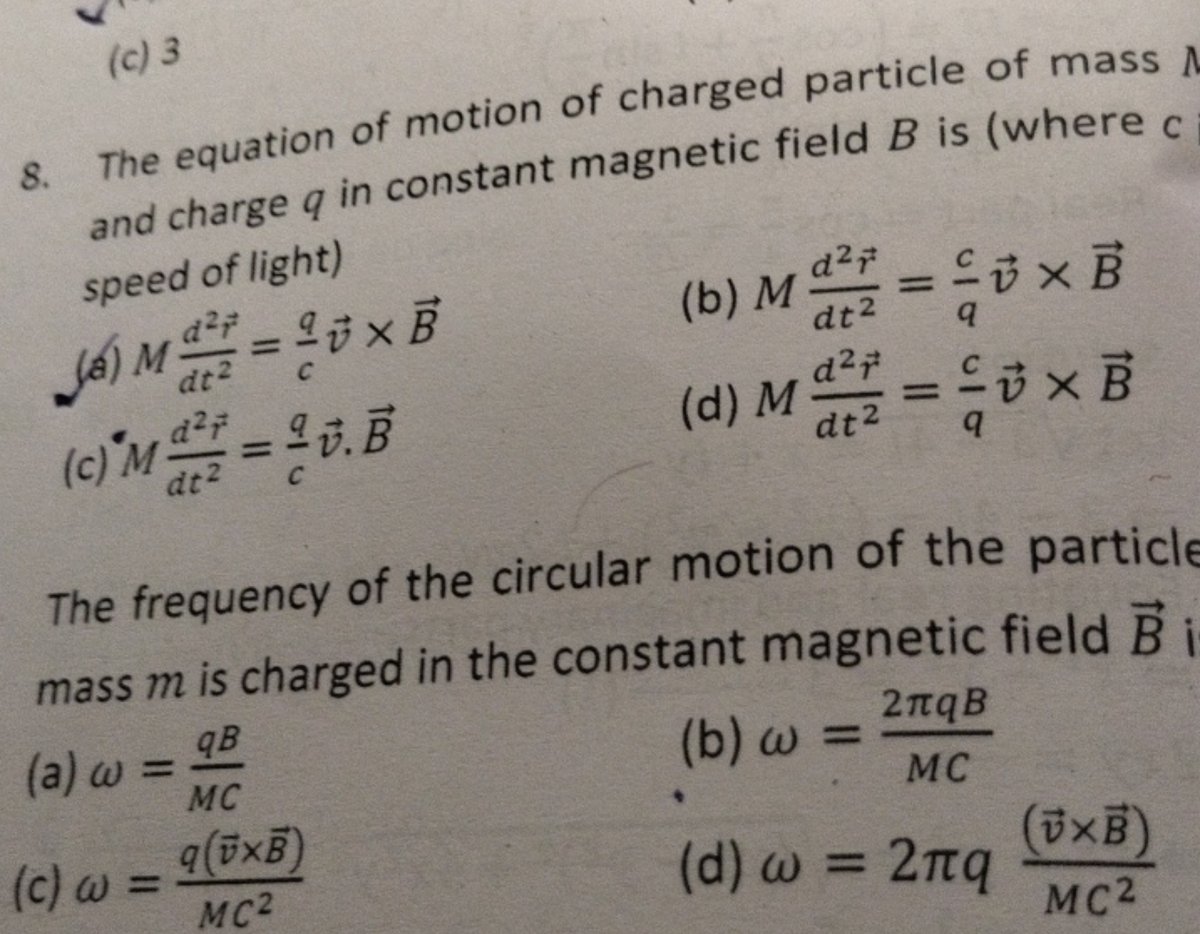 The equation of motion of charged particle of mass M and charge q in cons..