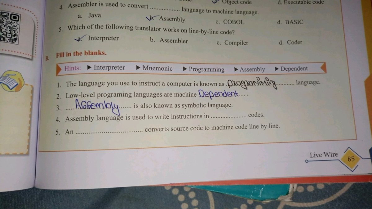 B. Fill in the blanks. Hints: Interpreter, Mnemonic, Programming, Assemb..