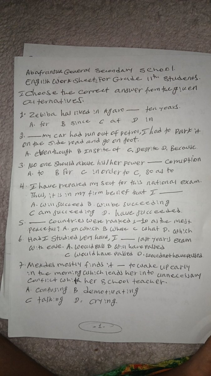 Abafransua General Secondary School. English Worksheets For Grade 11th St..