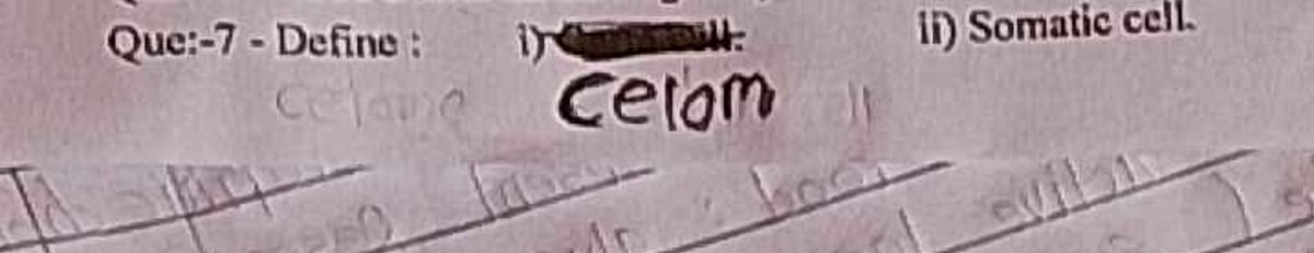 Que:-7 - Define : I) Celom II) Somatic cell. | Filo
