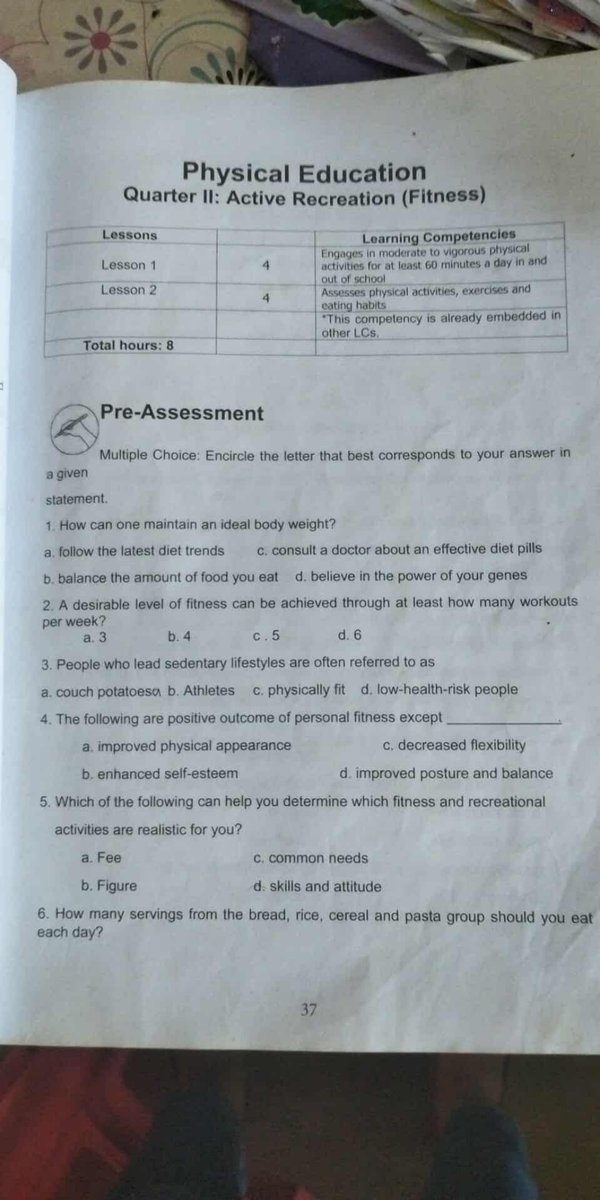 Pre-Assessment Multiple Choice: Encircle the letter that best correspond..