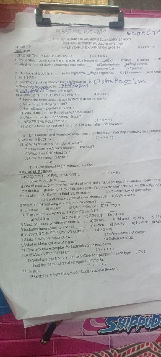 Here are the questions from the image: BIOLOGY I. CHOOSE THE CORRECT AN..