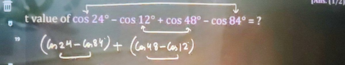 Find the value of \cos 24^\circ - \cos 12^\circ + \cos 48^\circ - \cos 84..