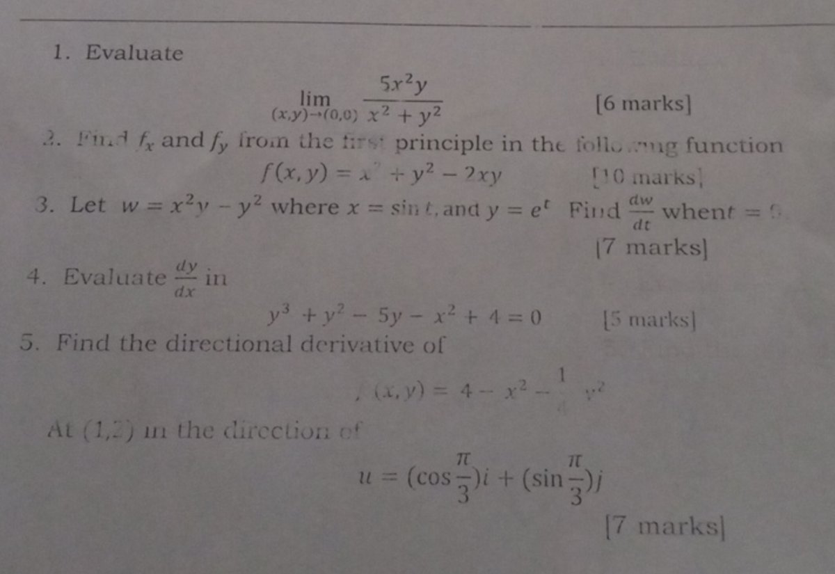 Evaluate \lim_{(x,y)\rightarrow(0,0)}\frac{5x^{2}y}{x^{2}+y^{2}}