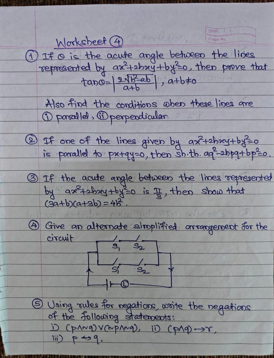 Worksheet 4 If θ is the acute angle between the lines represented by ax²..