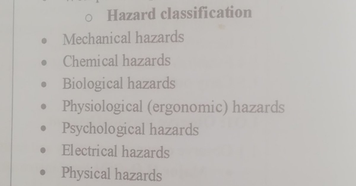 Hazard classification Mechanical hazards Chemical hazards Biological haza..