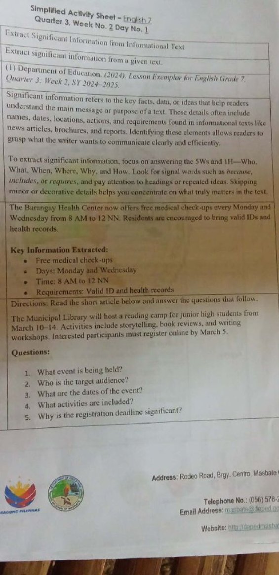 Simplified Activity Sheet - English 7 Quarter 3. Week No. 2 Day No. 1 Ex..