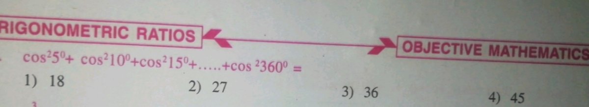 Given the expression: \cos^2 5^\circ + \cos^2 10^\circ + \cos^2 15^\circ..