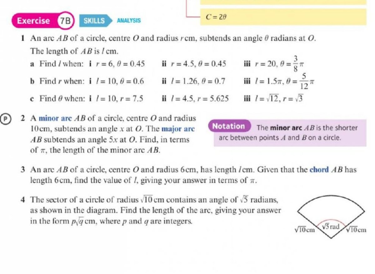 Exercise 7B SKILLS ANALYSIS An arc AB of a circle, centre O and radius r..