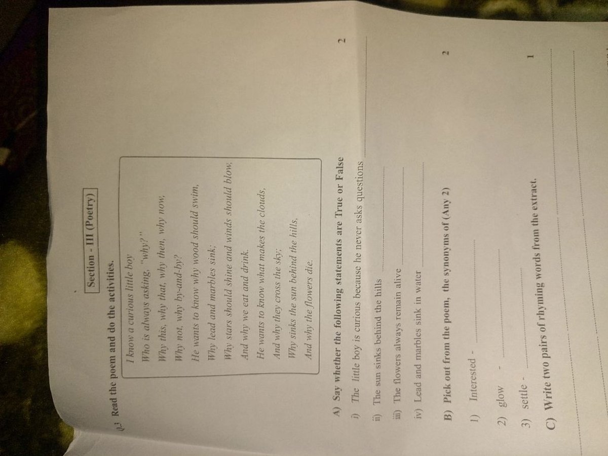 Section - III (Poetry) Q.3 Read the poem and do the activities. I know