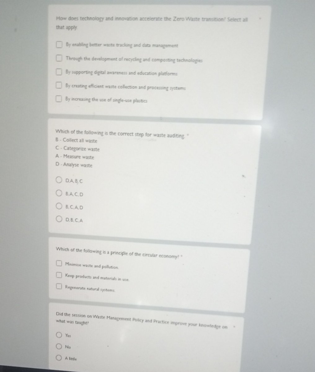 Here are four multiple-choice questions related to waste management and c..