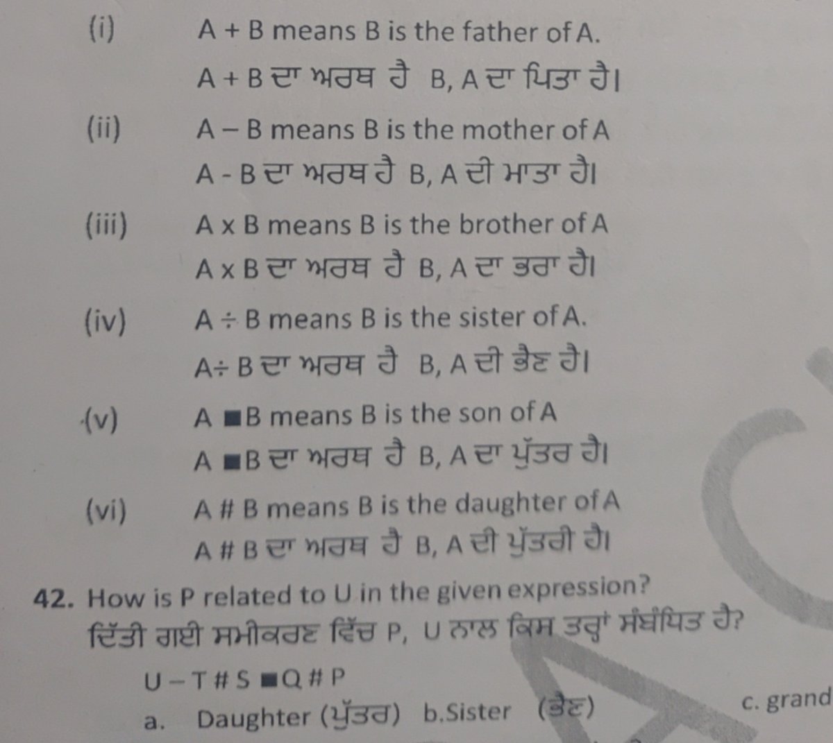 Here are the definitions for relationships: (i) A + B means B is the fat..