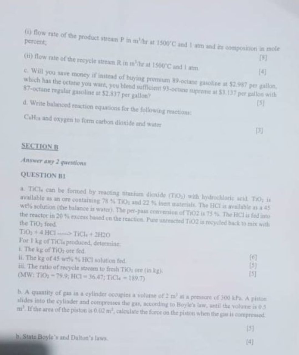 Here are some questions related to chemical processes and gas laws: (i)