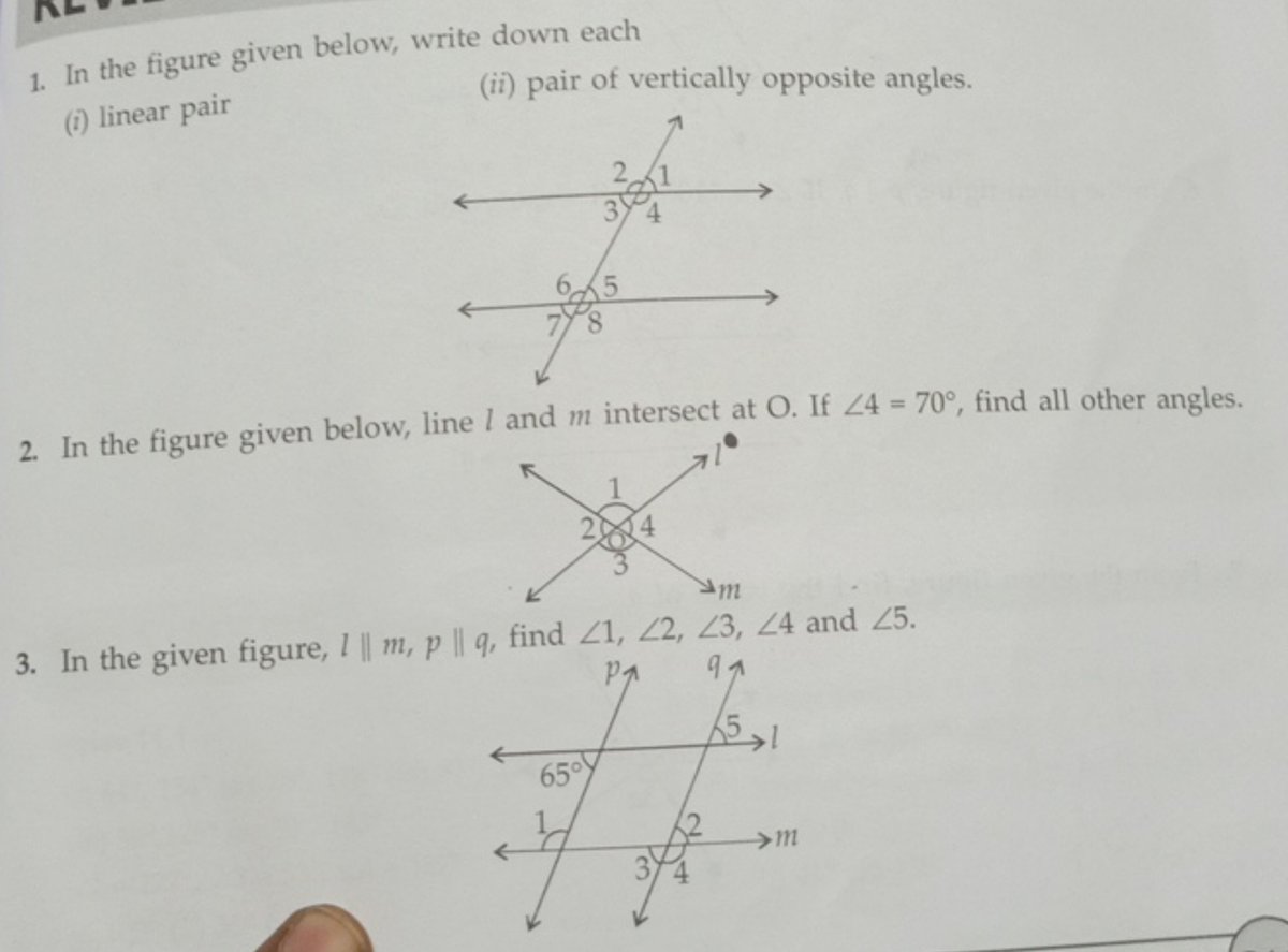 In the figure given below, write down each (i) linear pair (ii) pair of v..