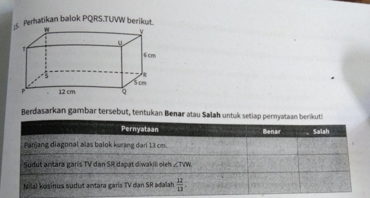 Perhatikan balok PQRS.TUVW berikut. (Diagram of a cuboid with dimensions..